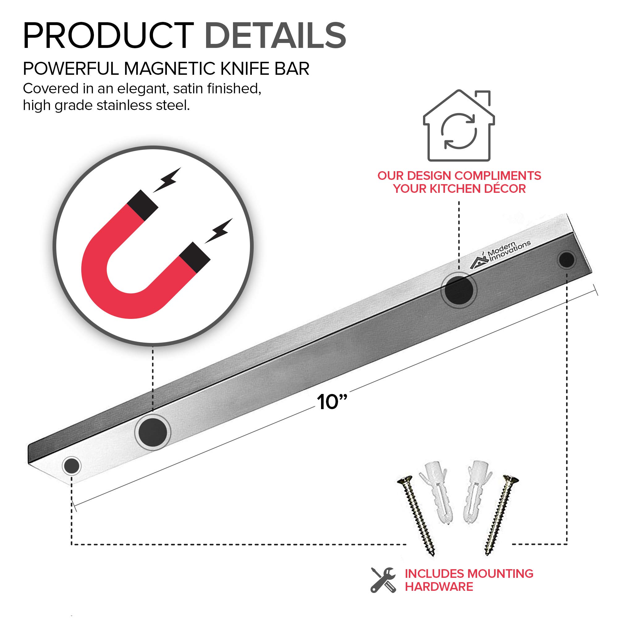 Modern Innovations 10 Inch Stainless Steel Magnetic Knife Bar with Multipurpose Use as Knife Holder, Knife Rack, Knife Strip, Kitchen Utensil Holder, Tool Holder, Art Supply Organizer, Home Organizer