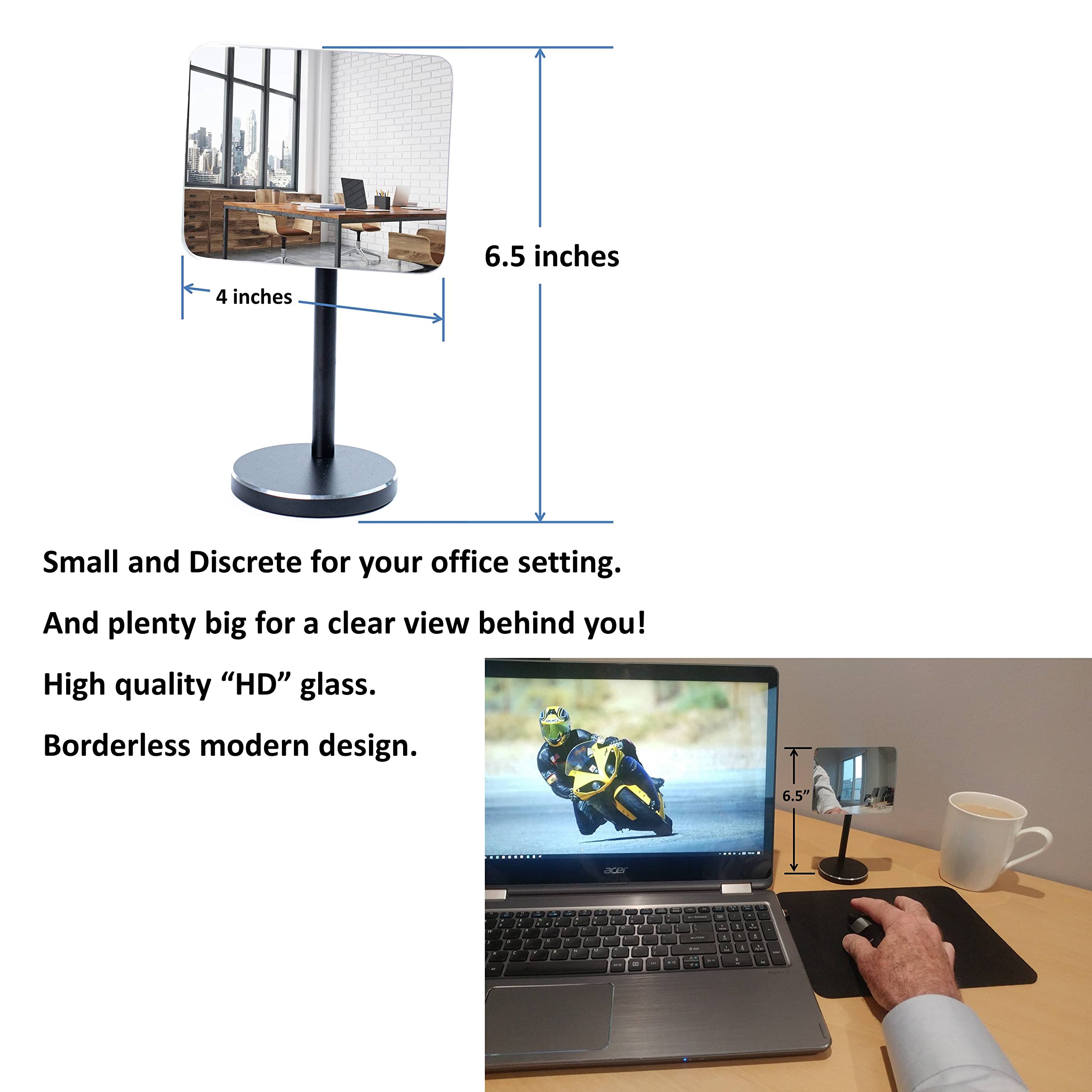 WatchYrBack Desk and Cubicle Mirror to See Behind You, Black Stand with Detachable Wide Angle Real Glass Mirror, Small & Discrete, Beautiful Design, Perfect Curvature for an exceptionally Clear View