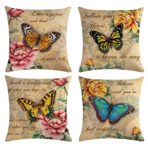 ulove love yourself butterfly pattern throw pillow covers vintage style home decorative cushion cover yellow&pink flowers pillowcase 18”×18”,4pack (butterfly pattern)