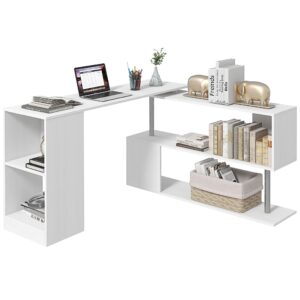 homcom 55" 360° rotating corner computer desk modern l-shaped home office workstation with 3-tier storage shelves, bookshelf, white