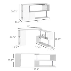 HOMCOM 55" 360° Rotating Corner Computer Desk Modern L-Shaped Home Office Workstation with 3-Tier Storage Shelves, Bookshelf, White