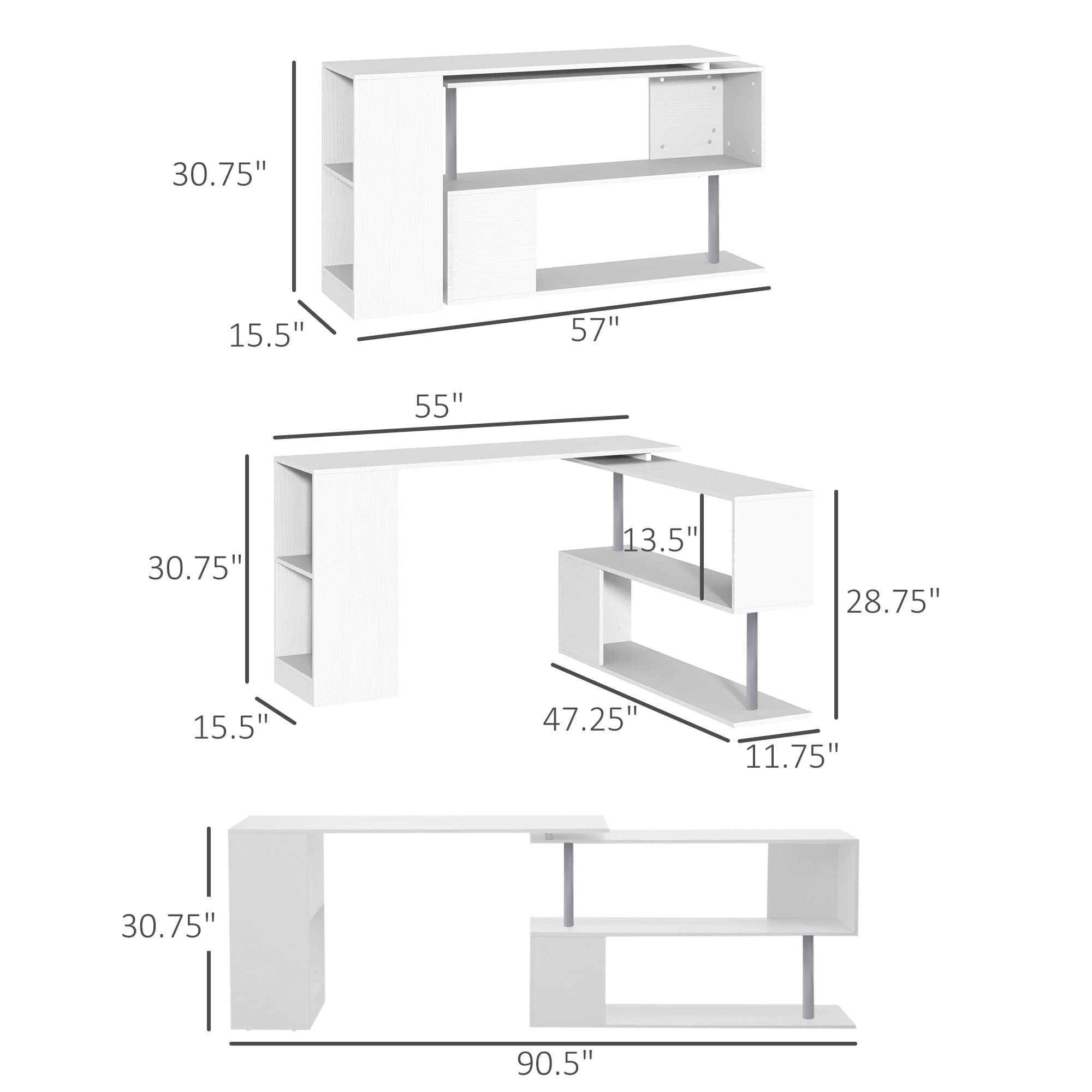 HOMCOM 55" 360° Rotating Corner Computer Desk Modern L-Shaped Home Office Workstation with 3-Tier Storage Shelves, Bookshelf, White