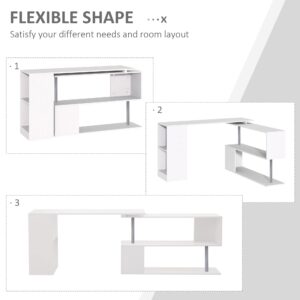 HOMCOM 55" 360° Rotating Corner Computer Desk Modern L-Shaped Home Office Workstation with 3-Tier Storage Shelves, Bookshelf, White