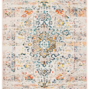 SAFAVIEH Madison Collection Area Rug - 5'3" x 7'6", Cream & Blue, Boho Distressed Medallion Design, Non-Shedding & Easy Care, Ideal for High Traffic Areas in Living Room, Bedroom (MAD474B)