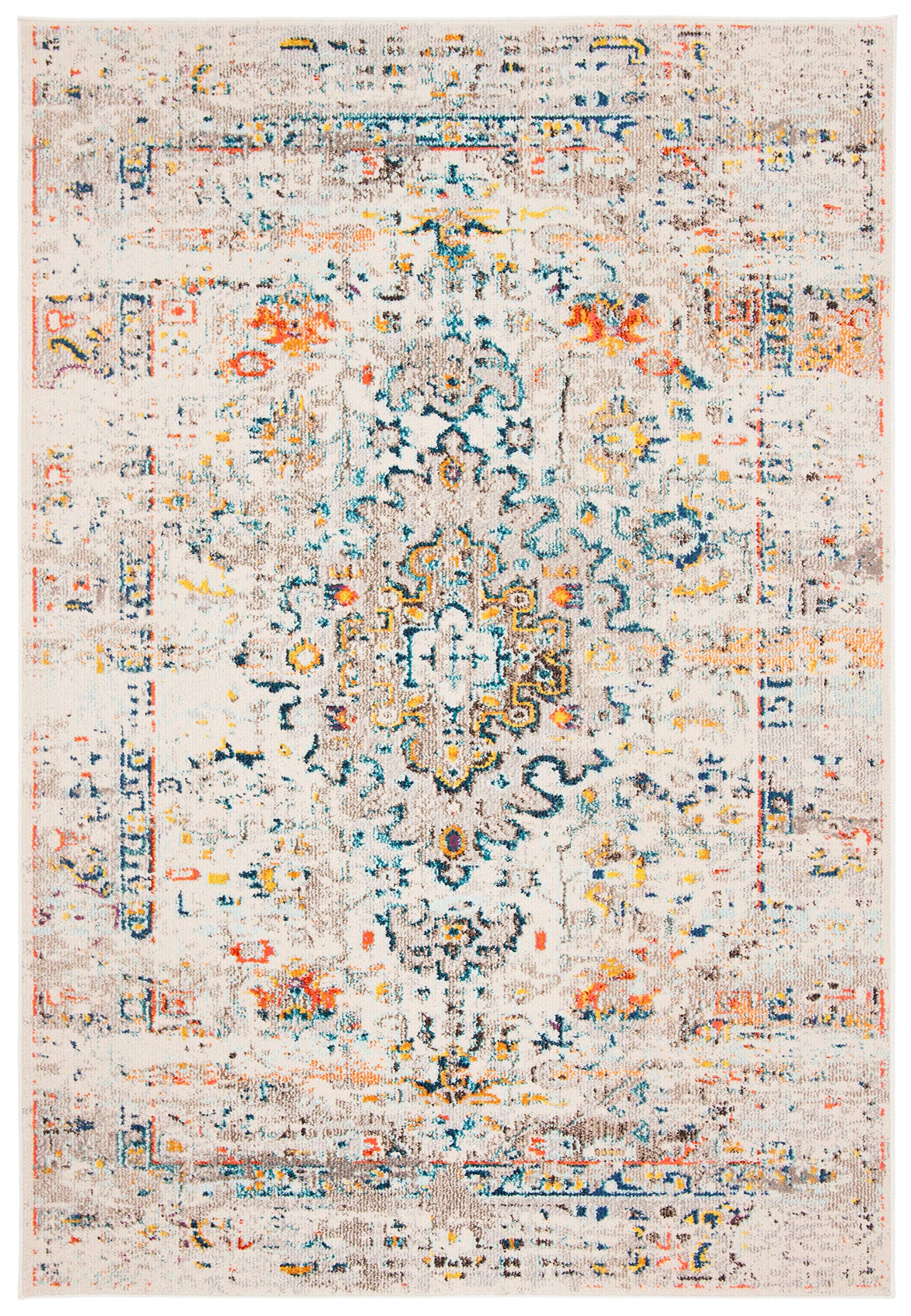 SAFAVIEH Madison Collection Area Rug - 5'3" x 7'6", Cream & Blue, Boho Distressed Medallion Design, Non-Shedding & Easy Care, Ideal for High Traffic Areas in Living Room, Bedroom (MAD474B)