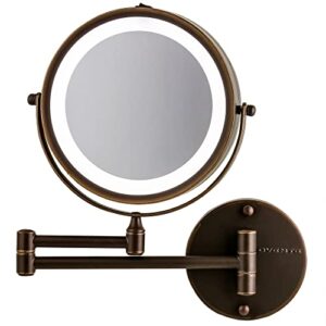 ovente 7" lighted wall mount makeup mirror - 1x/ 10x magnification, battery powered glow cosmetic light up, spinning 360-degree, double sided led, extendable, folding arm, antique bronze mfw70abz1x10x