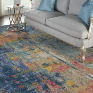 Nourison Celestial Blue/Yellow 9' x 12' Area Rug, Contemporary, Abstract, Easy Cleaning, Non Shedding, Bed Room, Living Room, Dining Room, Kitchen (9x12)