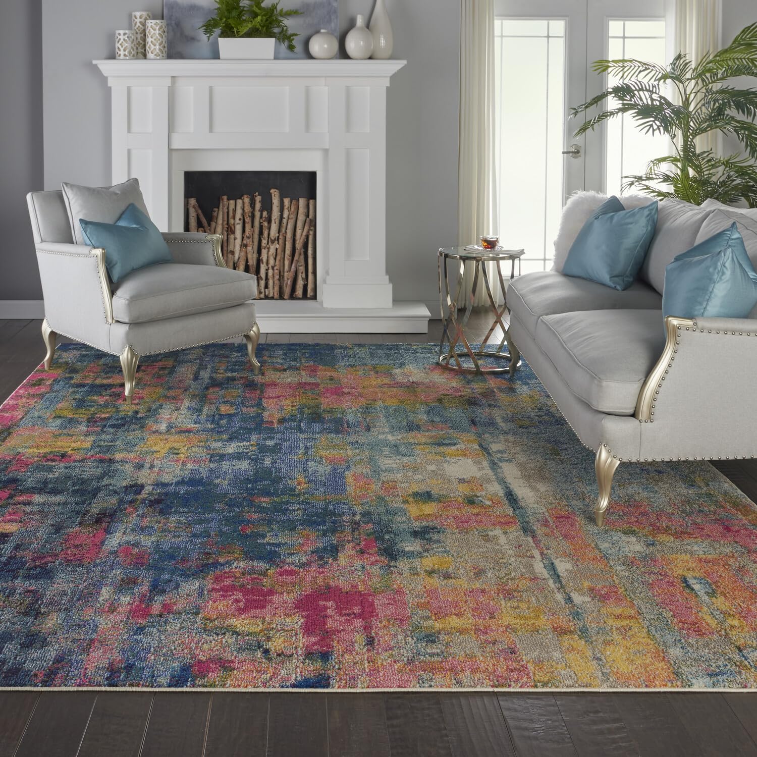 Nourison Celestial Blue/Yellow 9' x 12' Area Rug, Contemporary, Abstract, Easy Cleaning, Non Shedding, Bed Room, Living Room, Dining Room, Kitchen (9x12)