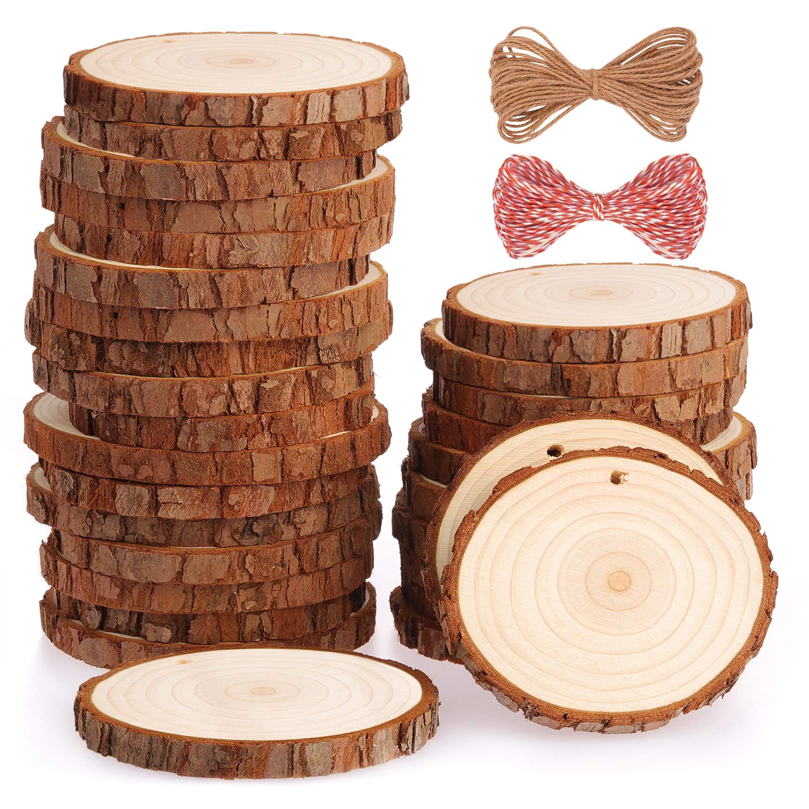 Fuyit Natural Wood Slices 30 Pcs 2.8-3.1 Inches Craft Wood Kit Unfinished Predrilled with Hole Wooden Circles Tree Slices for Arts and Crafts Christmas Ornaments DIY Crafts