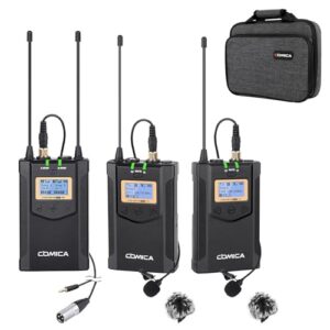 comica cvm-wm100plus - wireless microphone system for cameras, camcorders, smartphones, laptops, professional uhf wireless lavalier lapel microphone with dual-channel recording, aa batteries