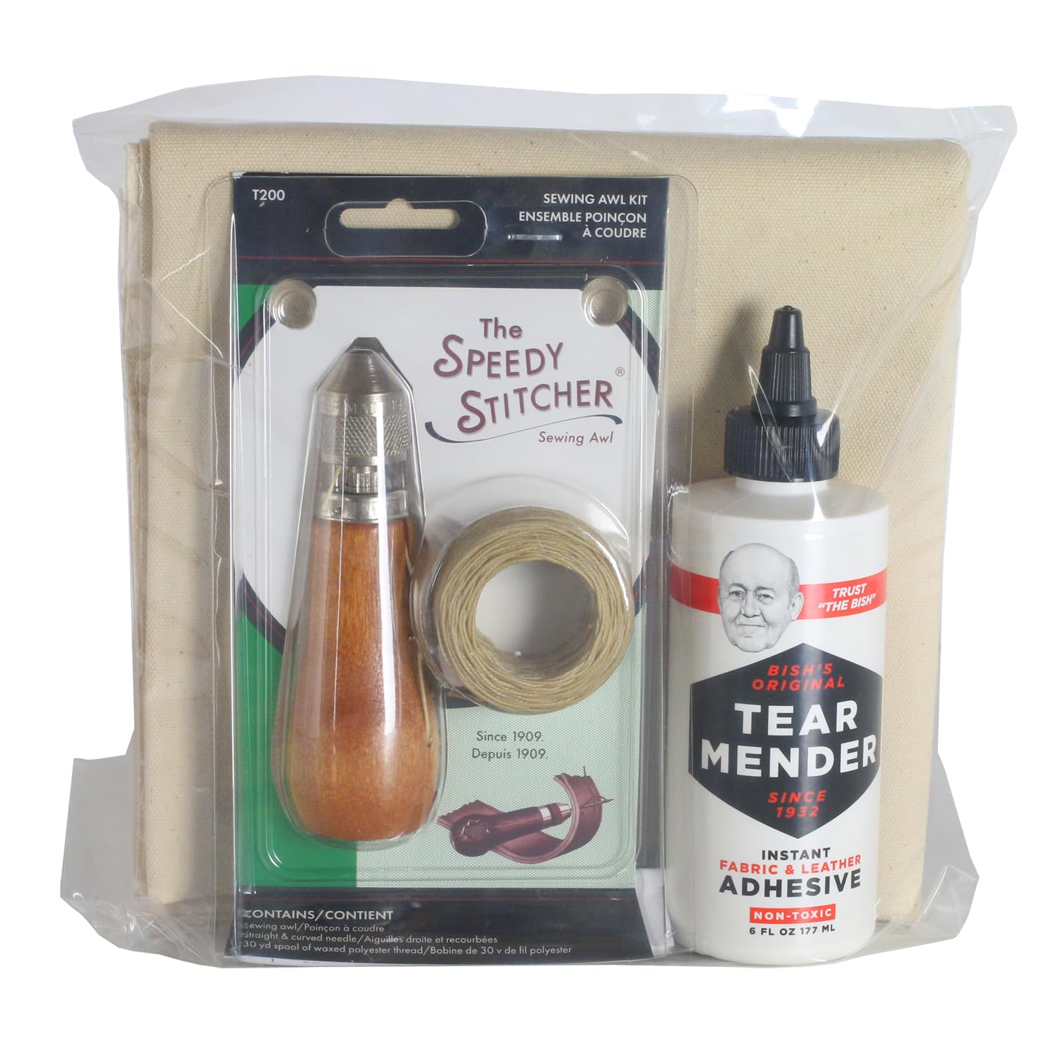 Complete Repair Kit for Canvas Tents, Pop-Up Campers, Tarps, Marine and Boat Covers | with 6oz Tear Mender Glue, Speedy Stitcher Sewing Awl/Needles, Over 6 Sq Ft of Canvas and 30 Yards of Waxed Thread