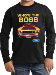 ford mustang whos the boss youth kids long sleeve, black medium