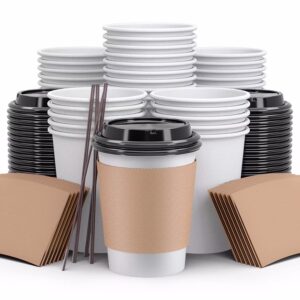 to go coffee cups 120 pack, paper coffee cups with lids straws and sleeves, disposable hot beverage 12oz paper coffee cup