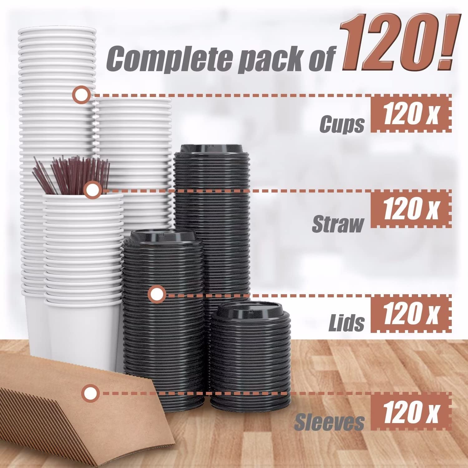 To Go Coffee Cups 120 Pack, Paper Coffee Cups With Lids Straws and Sleeves, Disposable Hot Beverage 12Oz Paper Coffee Cup