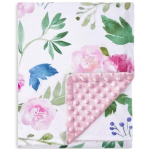 homritar baby blanket for girls super soft double layer minky with dotted backing, receiving blanket with pink floral multicolor printed blanket 30 x 40 inch(75x100cm)