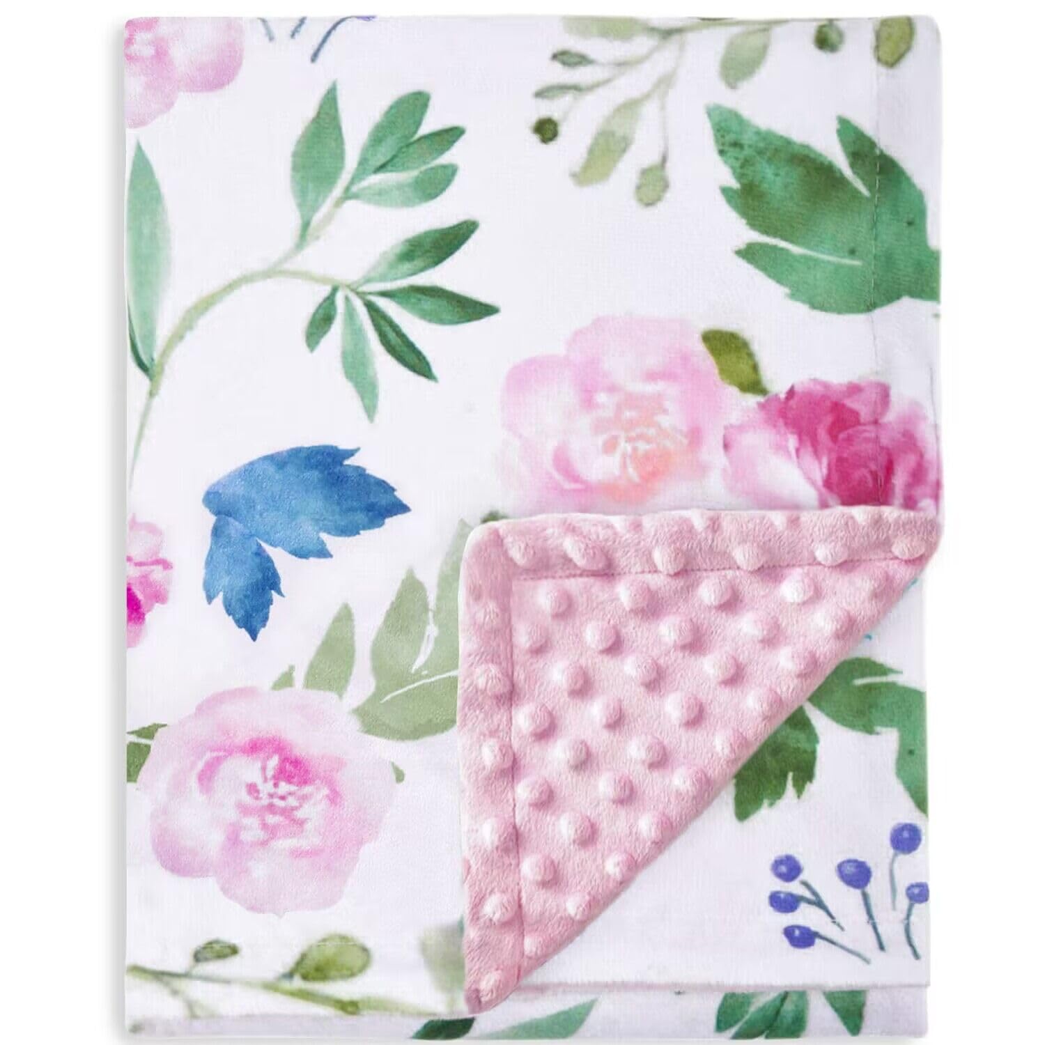 HOMRITAR Baby Blanket for Girls Super Soft Double Layer Minky with Dotted Backing, Receiving Blanket with Pink Floral Multicolor Printed Blanket 30 x 40 Inch(75x100cm)