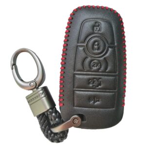 black hand sewing leather cover key fob case protector jacket holder for ford fusion edge f250 f350 f450 f550 2018 2019 2020 2021 2022 2023 2024 lincoln nautilus ranger explorer expedition 5 buttons