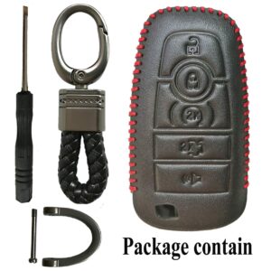 Black Hand Sewing Leather Cover Key Fob Case Protector Jacket Holder for Ford Fusion Edge F250 F350 F450 F550 2018 2019 2020 2021 2022 2023 2024 Lincoln Nautilus Ranger Explorer Expedition 5 Buttons