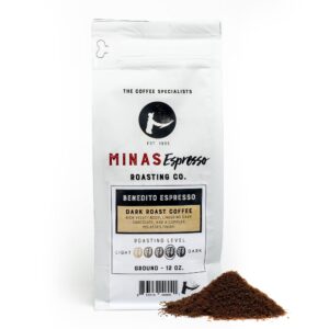 minas espresso – benedito espresso – dark roast ground coffee single origin imported brazilian coffee – direct trade – 12oz bag