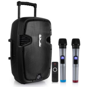 pyle karaoke portable pa speaker system - 1600w active powered bluetooth compatible speaker, rechargeable battery, easy carry wheels, usb mp3 rca, fm radio, 2 uhf microphone, remote - pyle pphp1599wu