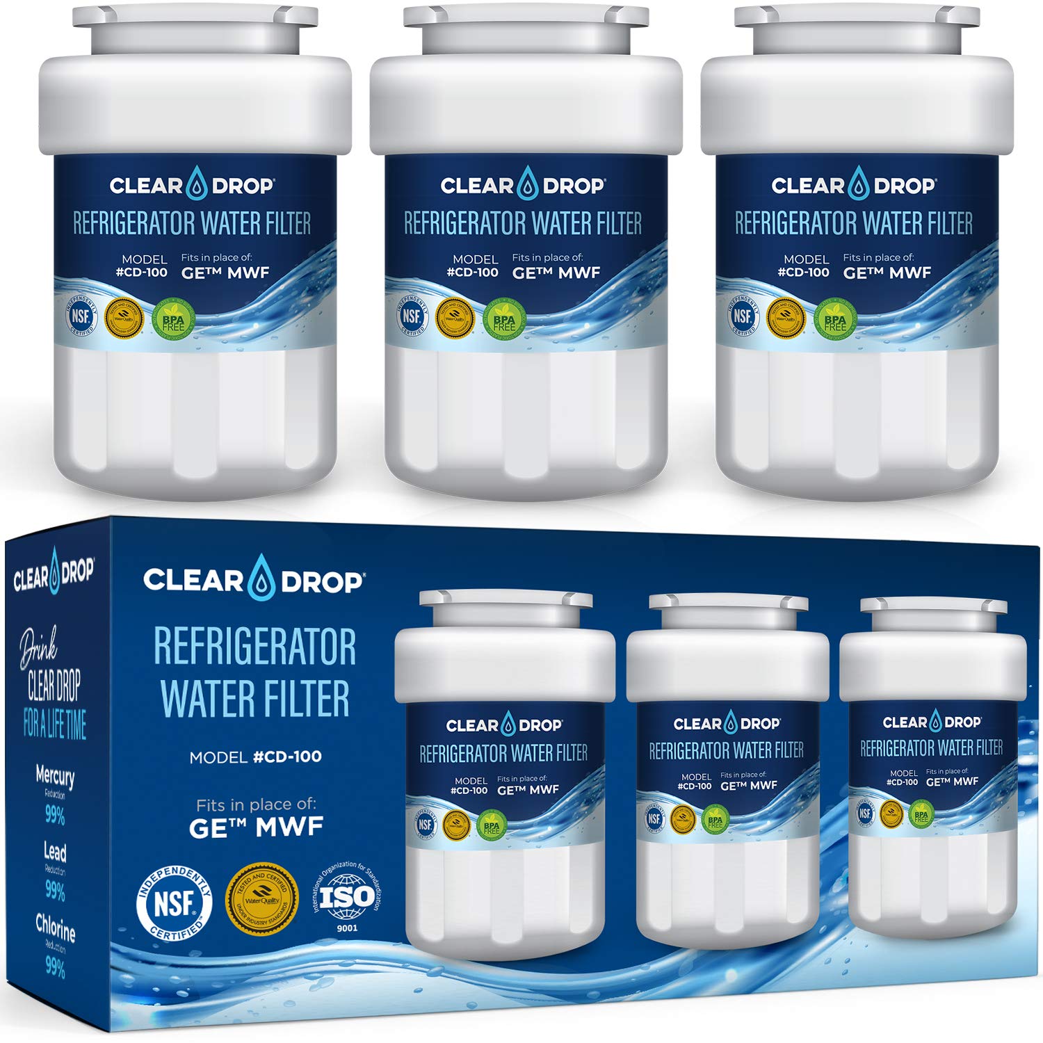 Clear Drop MWF Refrigerator Water Filter, Replacement for GE MWF, MWFP, MWFA, GWF, SmartWater, HDX FMG-1, WFC1201, GSE25GSHECSS, PC75009, RWF1060, 197D6321P006, NSF 42 and 372 Certified, (3 Pack)