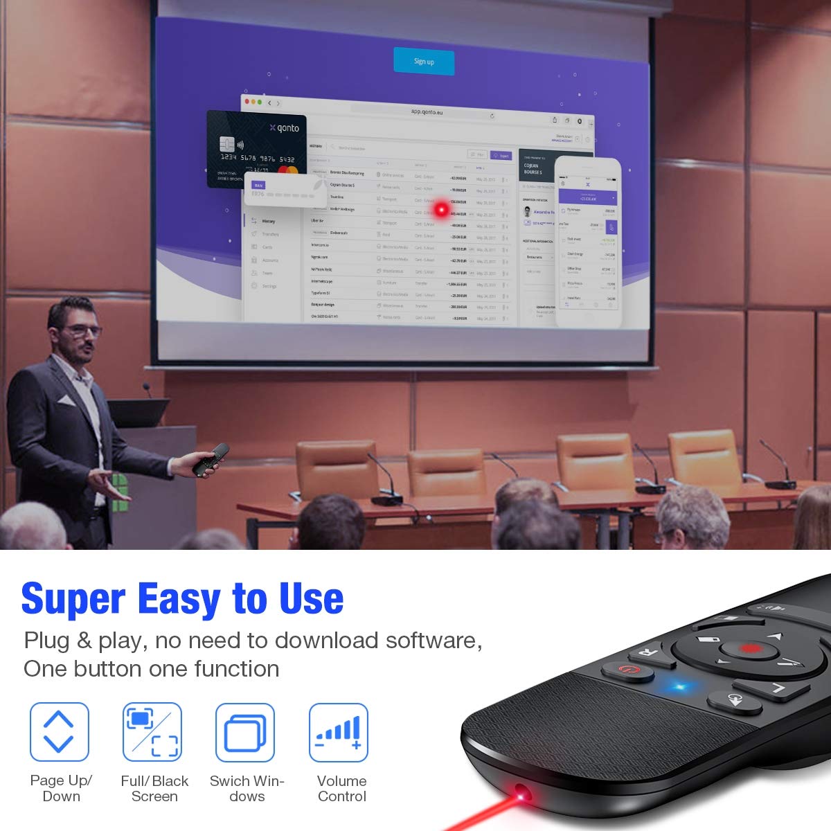 Presentation Clicker Air Mouse Function Wireless Presenter USB Powerpoint Clicker, RF 2.4 GHz Presentation Remote Control Clicker for powerpoint presentations Support Mac, Laptop, Computer 11