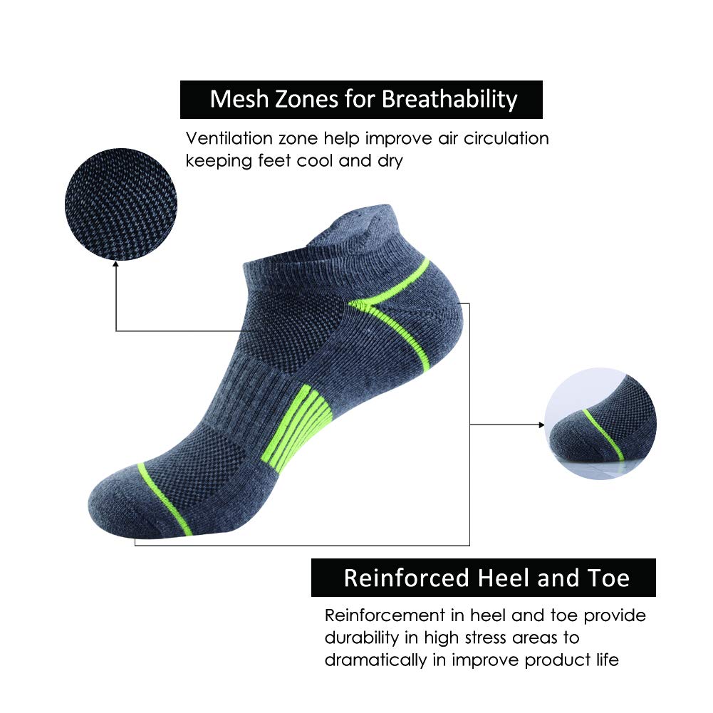 JOYNÉE Mens Athletic Low Cut Ankle Tab Socks 6 Pack Cushioned Breathable for Running,Dark Grey,Sock Size:10-13