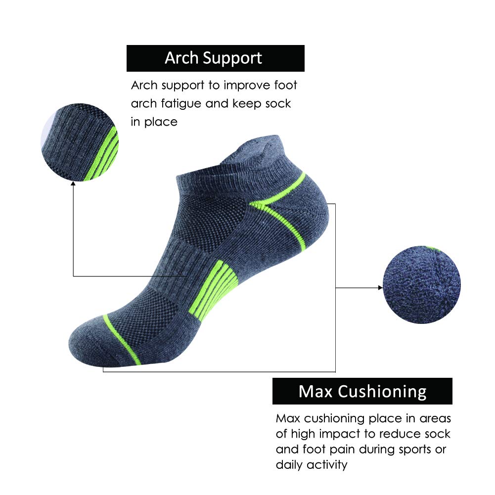 JOYNÉE Mens Athletic Low Cut Ankle Tab Socks 6 Pack Cushioned Breathable for Running,Dark Grey,Sock Size:10-13