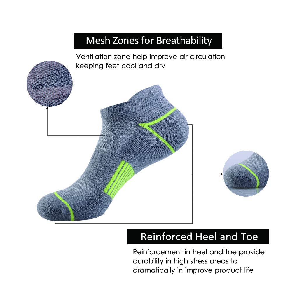 JOYNÉE Mens Athletic Low Cut Ankle Tab Socks 6 Pack Cushioned Breathable for Running,Light Grey,Sock Size:10-13