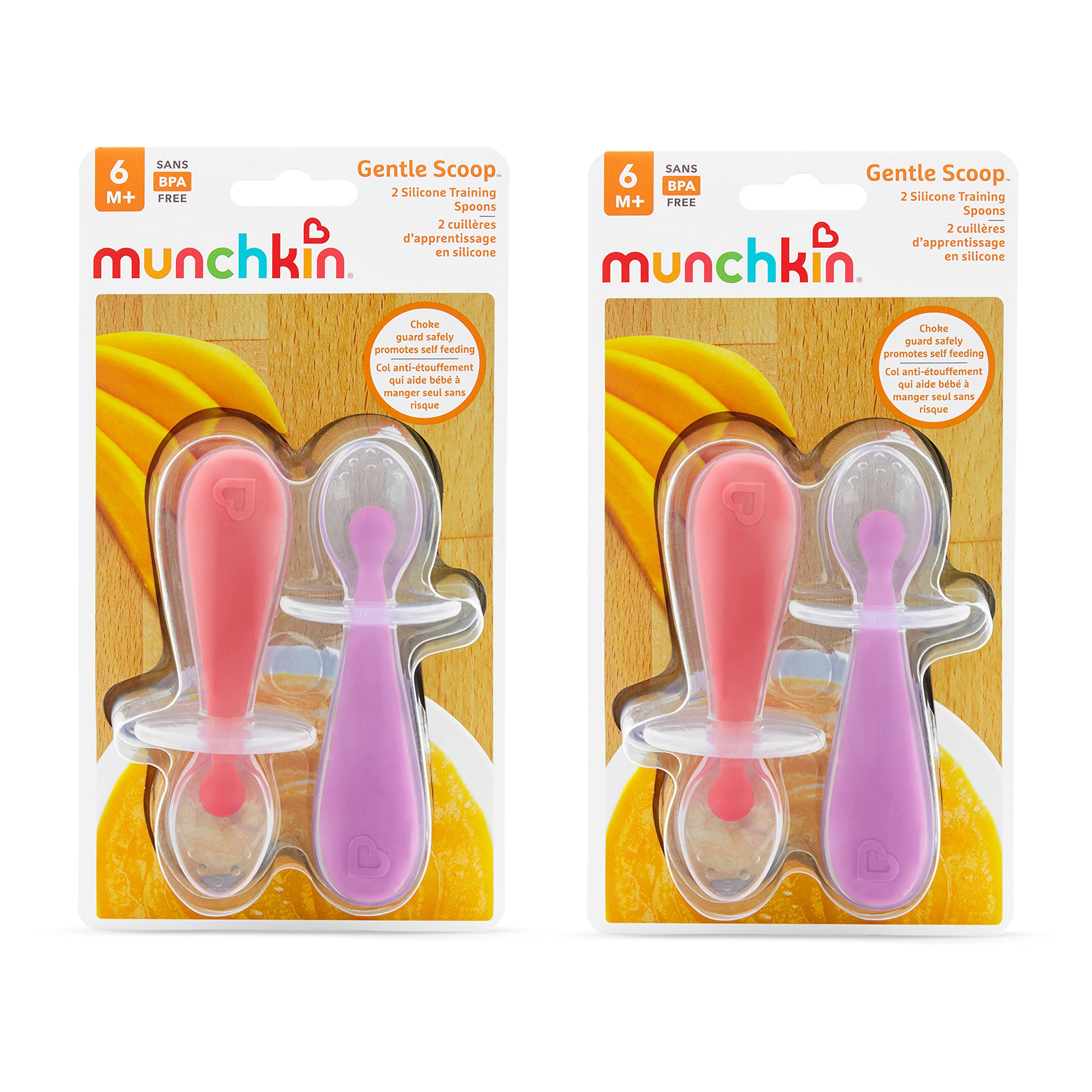 Munchkin® Silicone Scoop™ Trainer Spoons with Choke Guard for Baby Led Weaning, 4 Count, Pink/Purple