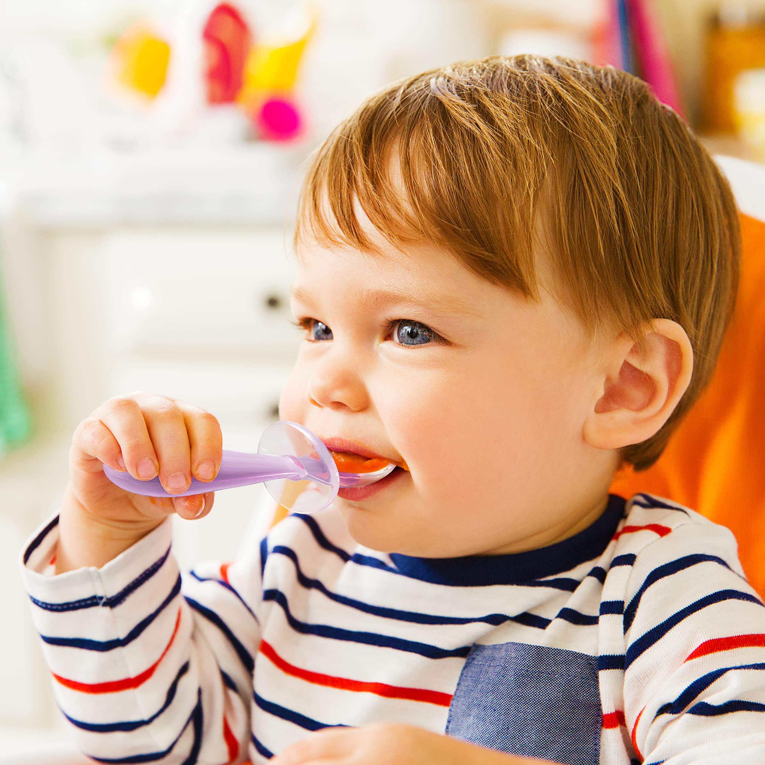 Munchkin® Silicone Scoop™ Trainer Spoons with Choke Guard for Baby Led Weaning, 4 Count, Pink/Purple