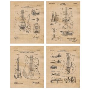 vintage electric guitars patent prints, 4 (8x10) unframed photos, wall art decor gifts under 20 for home office man cave studio college student teacher coach rock roll band leo fender fan