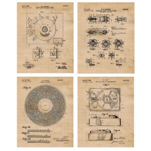 vintage vinyl record player patent prints, 4 (8x10) unframed photos, wall art decor gifts for home office studio gears garage man cave college school student teacher coach dj rock roll music fans