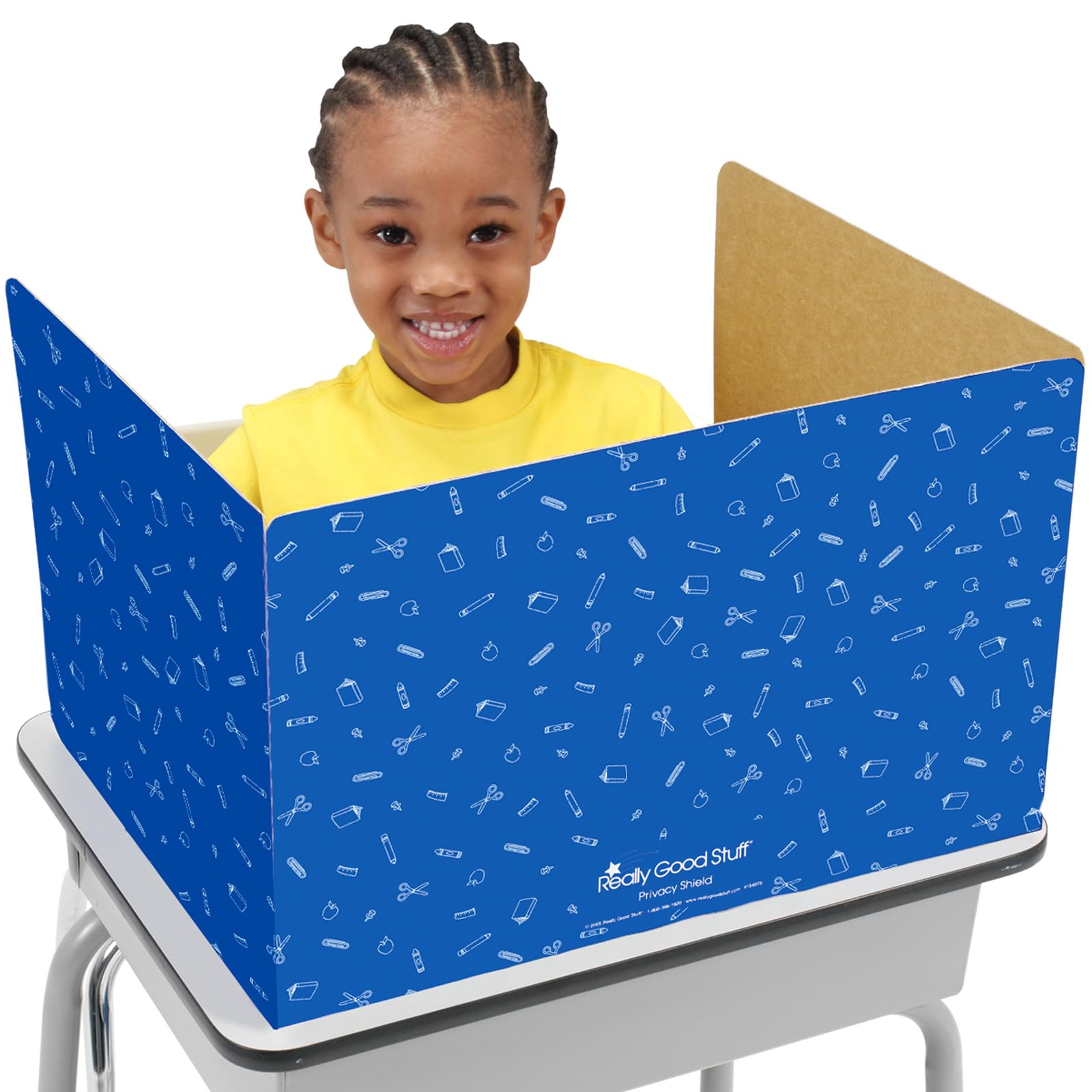 Really Good Stuff Large Privacy Shields for Student Desks – Set of 12 - Matte - Study Carrel Reduces Distractions - Keep Eyes from Wandering During Tests, Blue with School Supplies Pattern