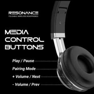 Aduro Resonance Wireless Headphones with Microphone Foldable Over The Ear Headphones with Mic Rechargeable Wireless Headset - Black/Silver