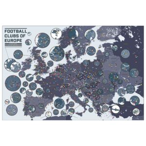 pop chart | football clubs of europe | 36" x 24" large wall art | soccer poster featuring over 1000 clubs on a massive map | sports wall decor for living room, bedroom, and man cave