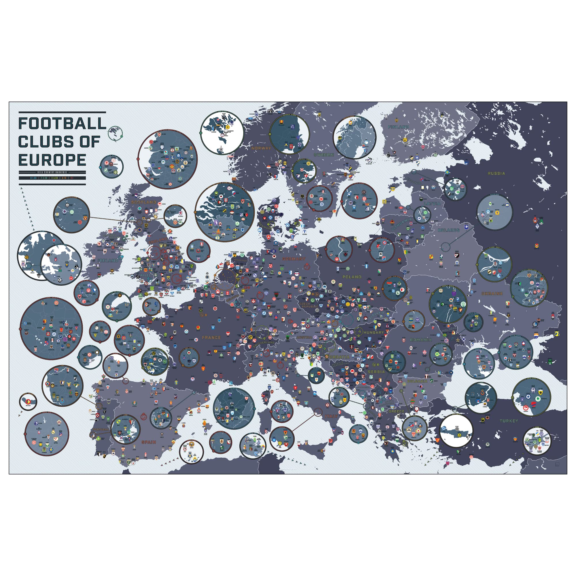 Pop Chart | Football Clubs of Europe | 36" x 24" Large Wall Art | Soccer Poster Featuring Over 1000 Clubs on a Massive Map | Sports Wall Decor for Living Room, Bedroom, and Man Cave