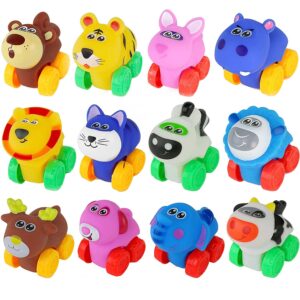 liberty imports 12 pack soft animal cars, rubber mini toy vehicles push and go baby cars with wheels in storage bucket, party favors for toddlers kids imaginative play