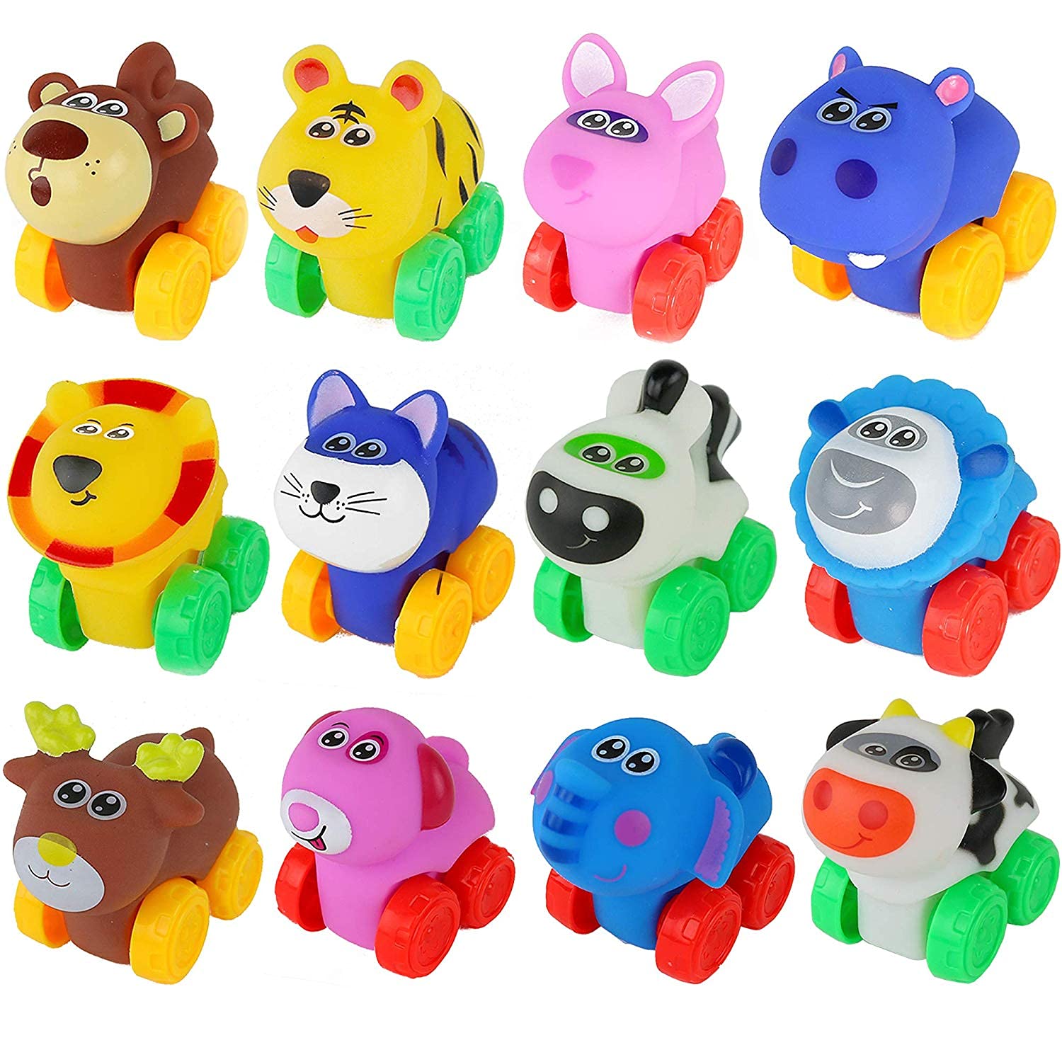 Liberty Imports 12 Pack Soft Animal Cars, Rubber Mini Toy Vehicles Push and Go Baby Cars with Wheels in Storage Bucket, Party Favors for Toddlers Kids Imaginative Play