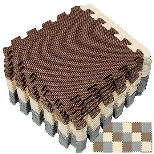 Yostrong® 18 Tiles Interlocking Puzzle Foam Baby Play Mat with Straight Edges for Playing - EVA Babies Crawling Mat | Rubber Floor Work out Mats for Home Gym. Brown, Beige, Gray. YOC-FJLb18S18