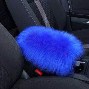 frienda furry armrest cover auto center armrest cover car soft console pad, real sheepskin wool soft fluffy auto center console cover for most car decoration protector (blue, fluffy style)