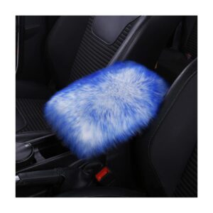 furry auto center console cover pad, genuine sheepskin wool fur car armrest seat box cover, fluffy soft warm armrest protector cushion for women and men, 11.02×6.29'' for most cars (royal blue)