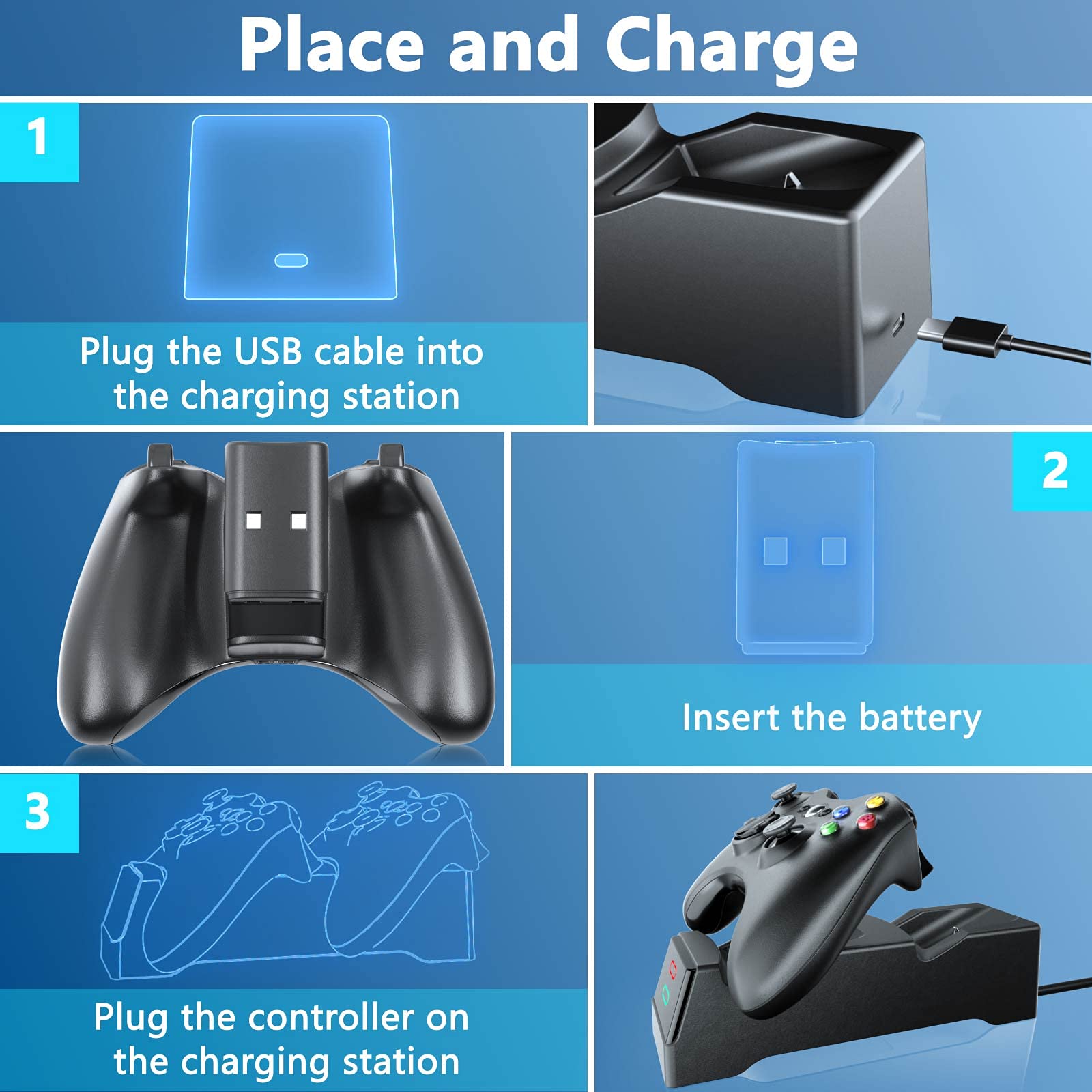 Controller Charger Station for Xbox 360,BOFFO Dual Charging Dock with 2pcs 1200mAh Rechargeable Battery Packs and a Charging Cable