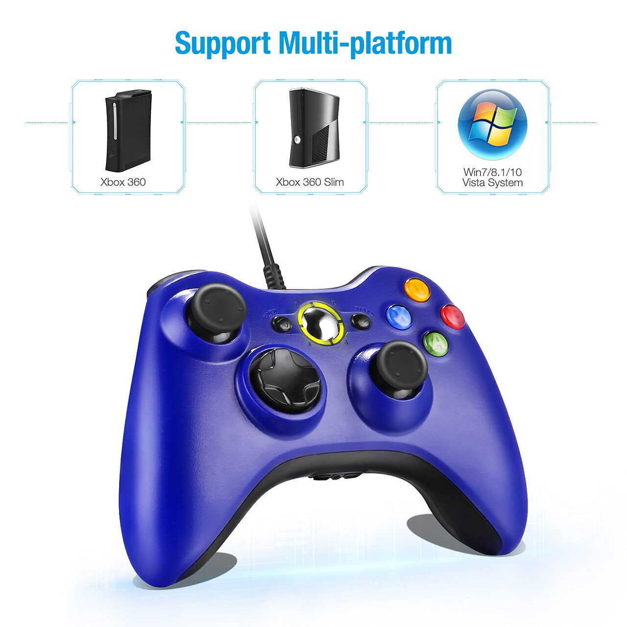 Powerextra Wired Xbox 360 Controller with Upgraded Joystick for PC Windows 7 8 10 - Blue