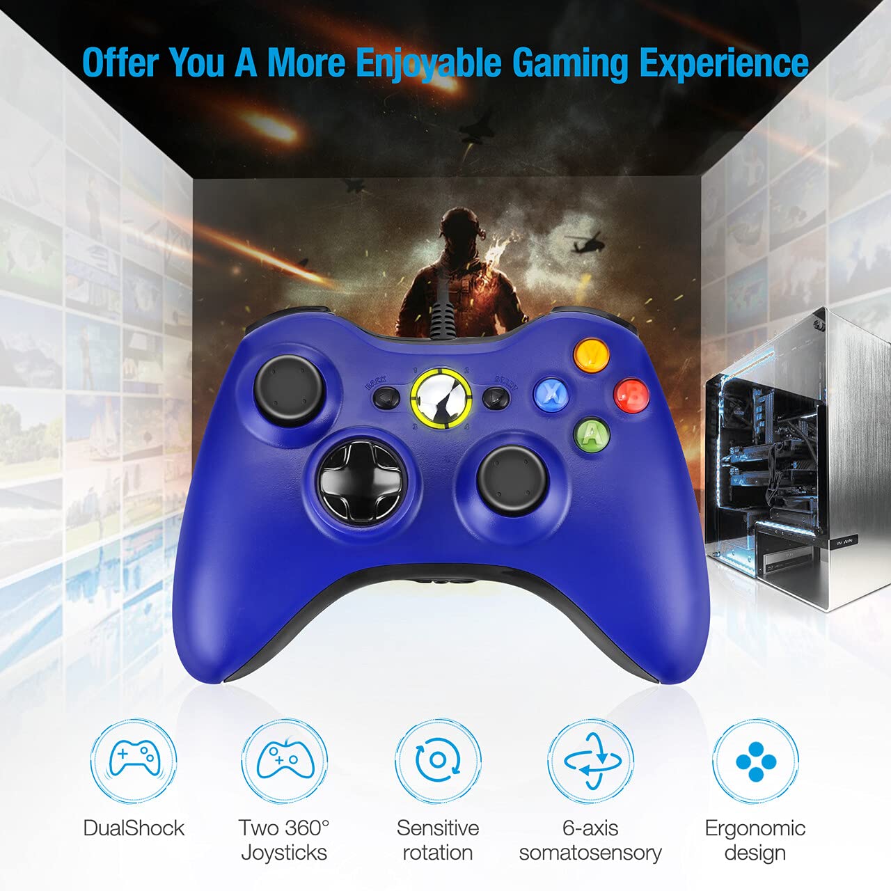 Powerextra Wired Xbox 360 Controller with Upgraded Joystick for PC Windows 7 8 10 - Blue