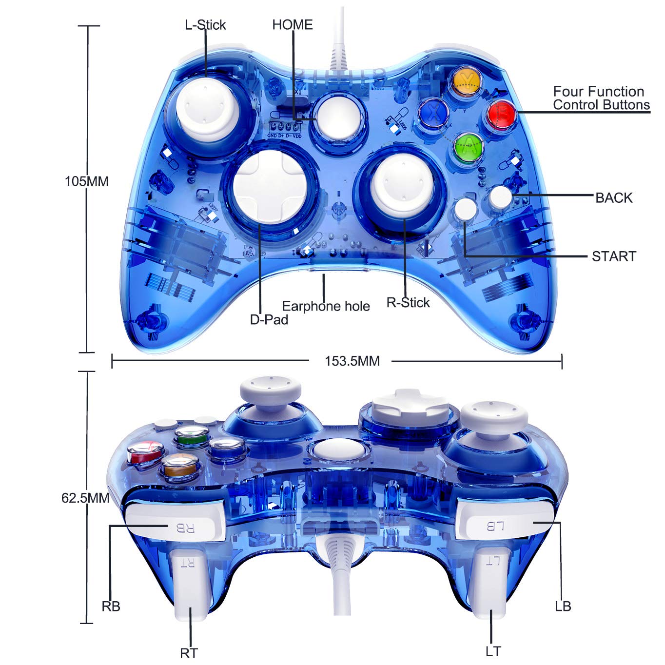 Wired 360 Controller Dual Vibrator Wired Gamepad Gaming Joypad, Blue - PAWHITS