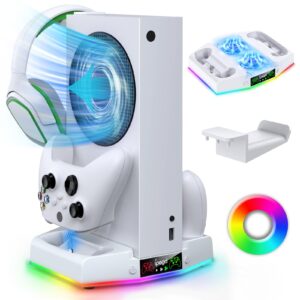 upgraded cooling fan stand for xbox series s with charger station, meneea controller charging dock & console cooler system with 15 colorful rgb light & headset hook, accessories for xss