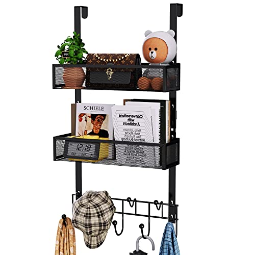 HapiRm Over The Door Hanger with Coat Hooks and 2 Baskets, Rustproof & Waterproof Over The Door Hooks, Over The Door Organizer for Hats, Bathroom, Kitchen, Bedroom-Black (for 1.76in Doors)