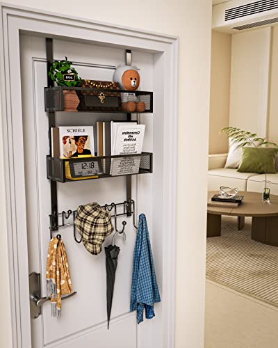 HapiRm Over The Door Hanger with Coat Hooks and 2 Baskets, Rustproof & Waterproof Over The Door Hooks, Over The Door Organizer for Hats, Bathroom, Kitchen, Bedroom-Black (for 1.76in Doors)