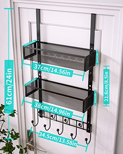 HapiRm Over The Door Hanger with Coat Hooks and 2 Baskets, Rustproof & Waterproof Over The Door Hooks, Over The Door Organizer for Hats, Bathroom, Kitchen, Bedroom-Black (for 1.76in Doors)